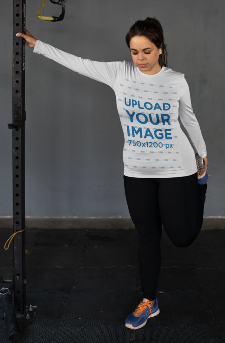 Placeit - Plus Size Mockup of a Woman with a Long Sleeve Tee Stretching ...