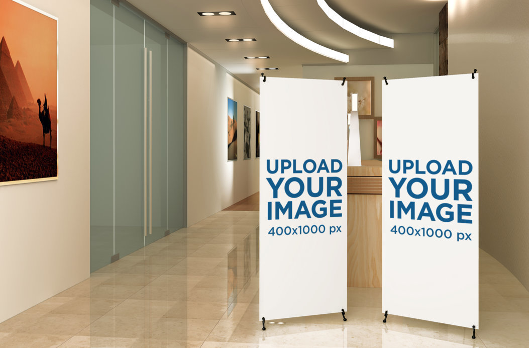 Placeit - Mockup of Two X-Stand Banners at an Art Gallery Hallway