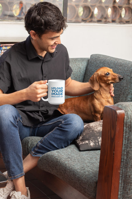 Placeit - Mockup of a Man with His Dog Drinking from a 15 oz Mug