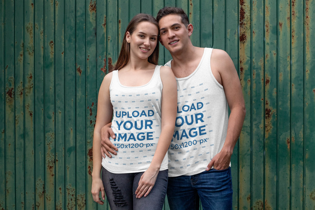 Placeit - Mockup of a Couple Wearing Tank Tops While Hugging