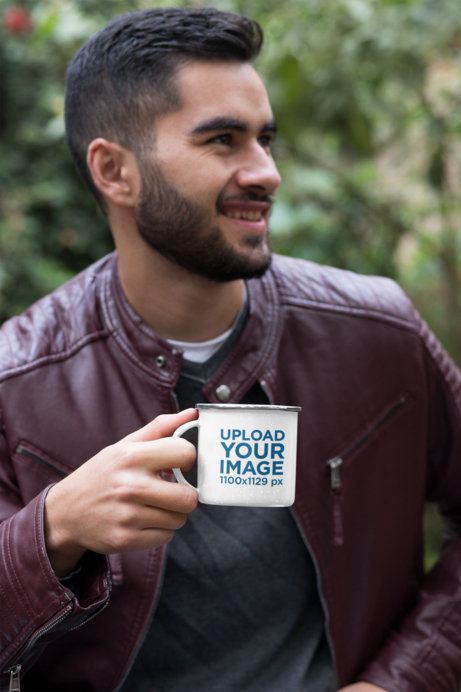 Placeit - Mockup of a Bearded Man Holding a Silver Rim Enamel Mug