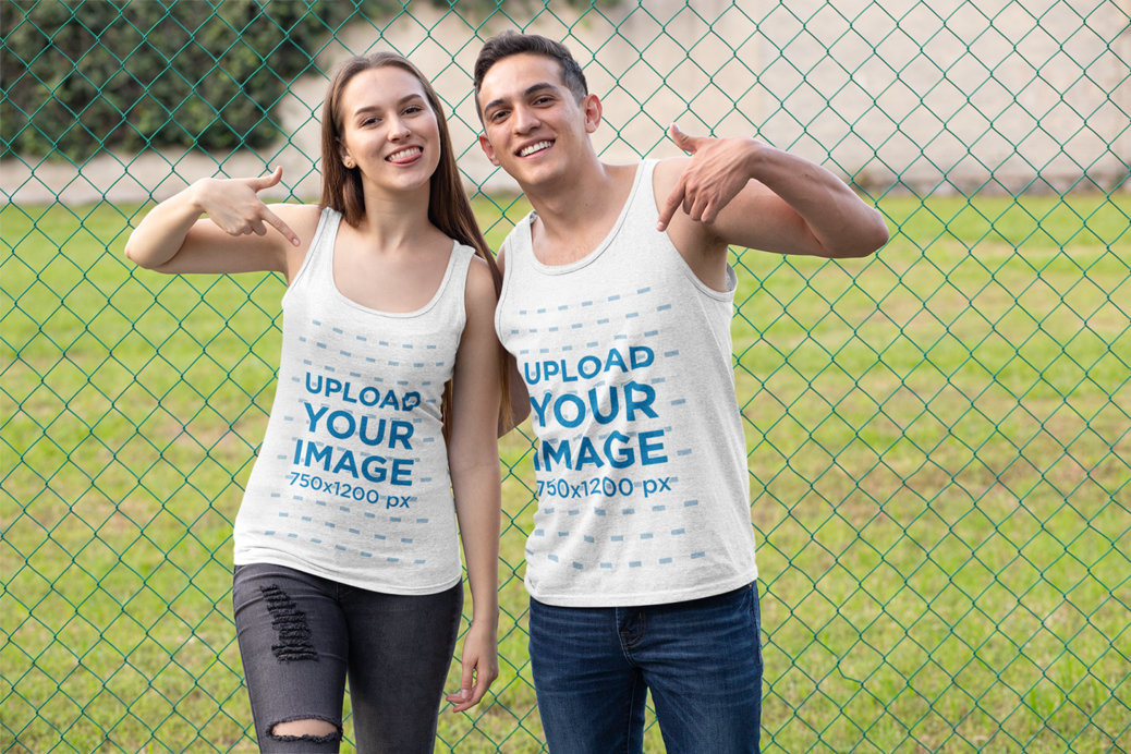 Placeit - Mockup of a Couple Pointing at Their Tank Tops
