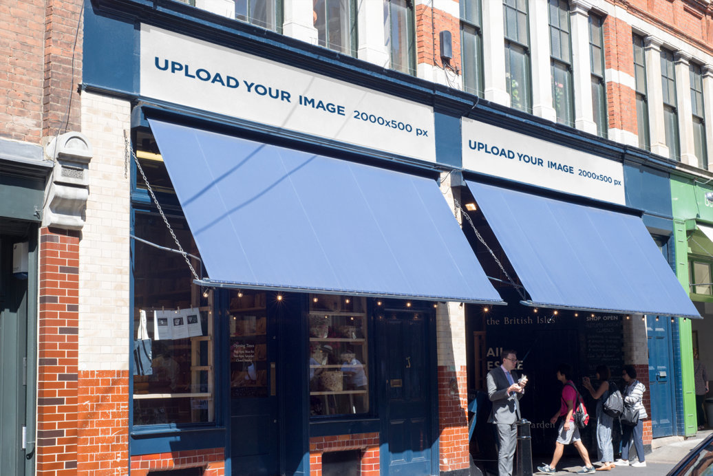 Placeit - Storefront Mockup Featuring a Banner on a Blue Store