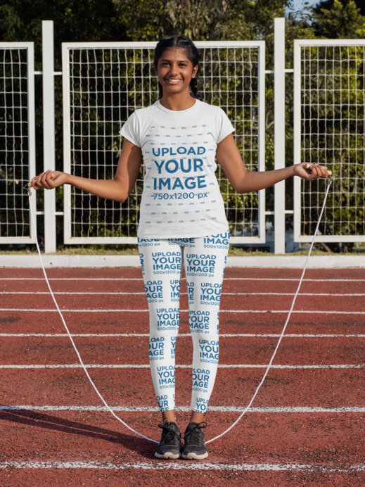 Placeit - T-Shirt and Leggings Mockup Featuring a Woman Jumping Rope