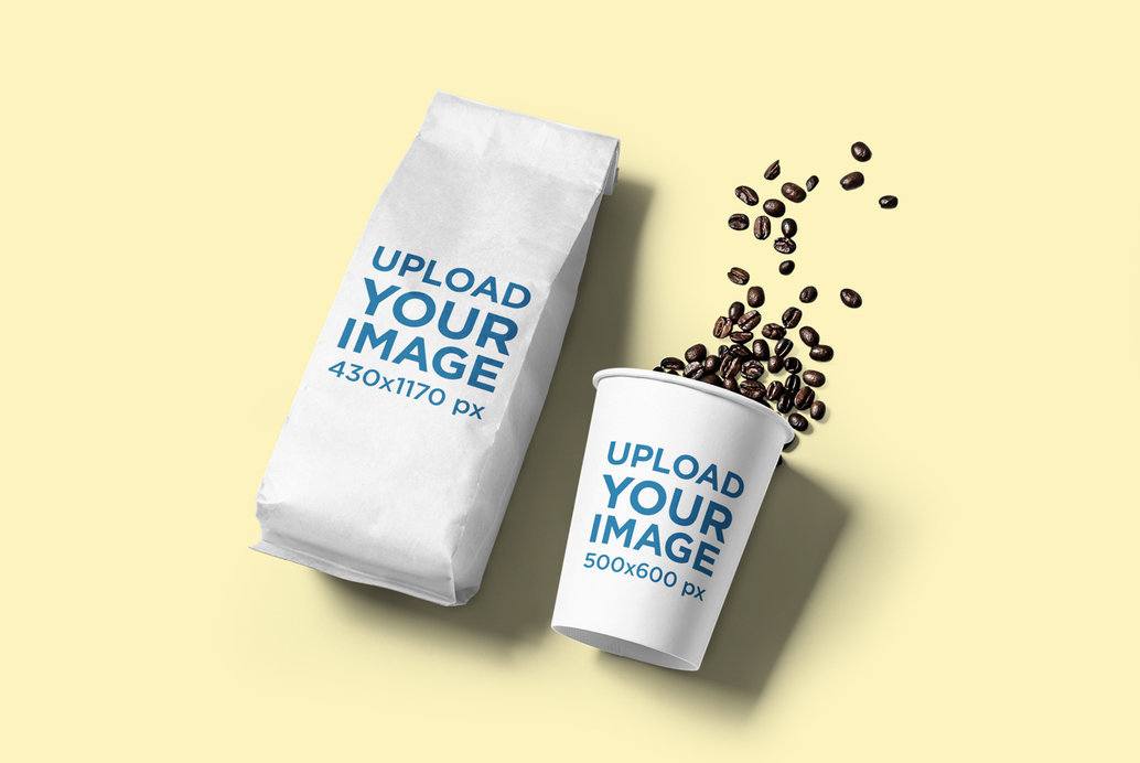 Placeit - Mockup of a Coffee Cup Next to a Coffee Bag Packaging