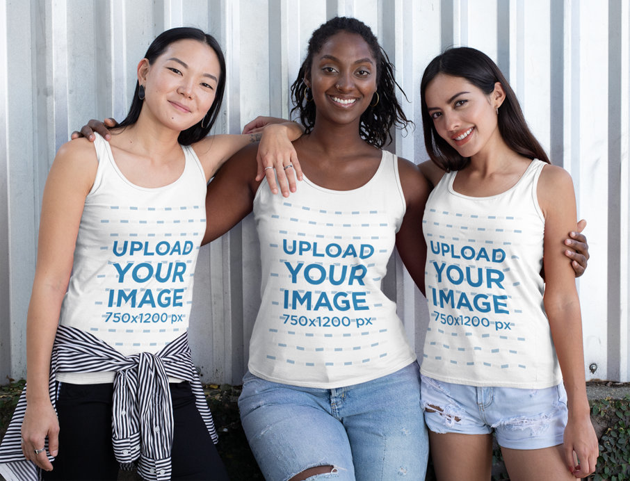 Placeit - Mockup of Three Friends with Tank Tops Hugging