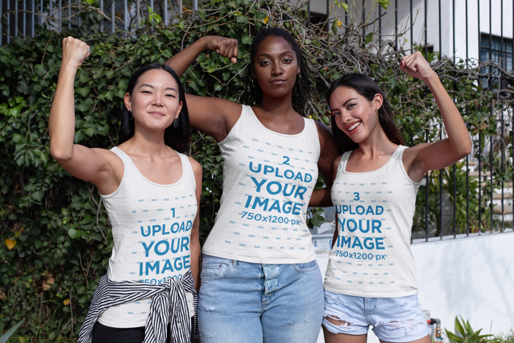 Placeit - Tank Top Mockup of Three Women Doing an Empowering Pose