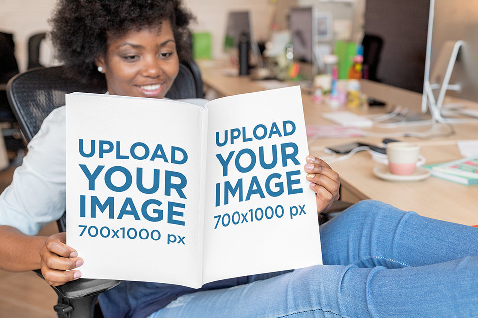 Placeit - Mockup of a Woman Reading Magazine at Work
