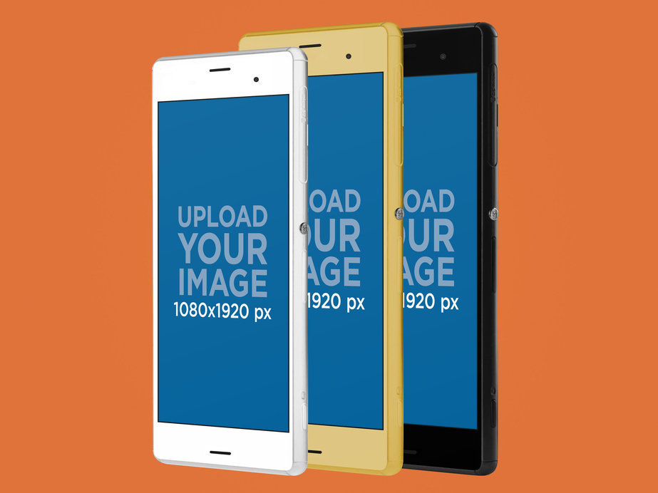 Placeit - Sony Xperia Android Phones Lined Up in Angled Position Mockup