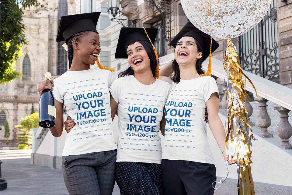 Placeit - T-Shirt Mockup of Three Women Celebrating Their Graduation