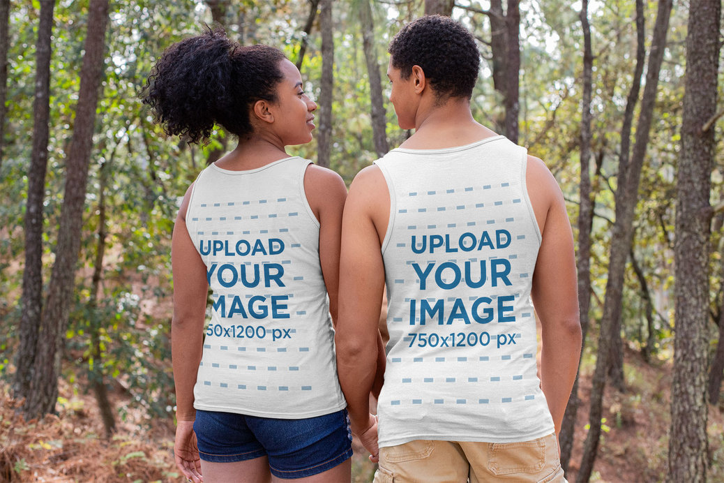 Placeit - Back View Mockup of a Couple Wearing Tank Tops in Nature