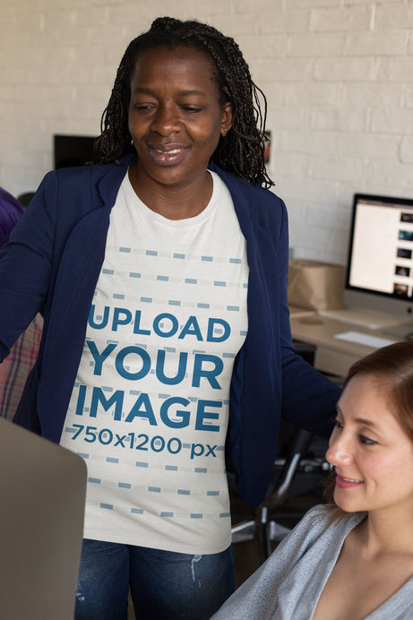 Placeit - T-Shirt Mockup of a Woman Giving Instructions to Her Coworker