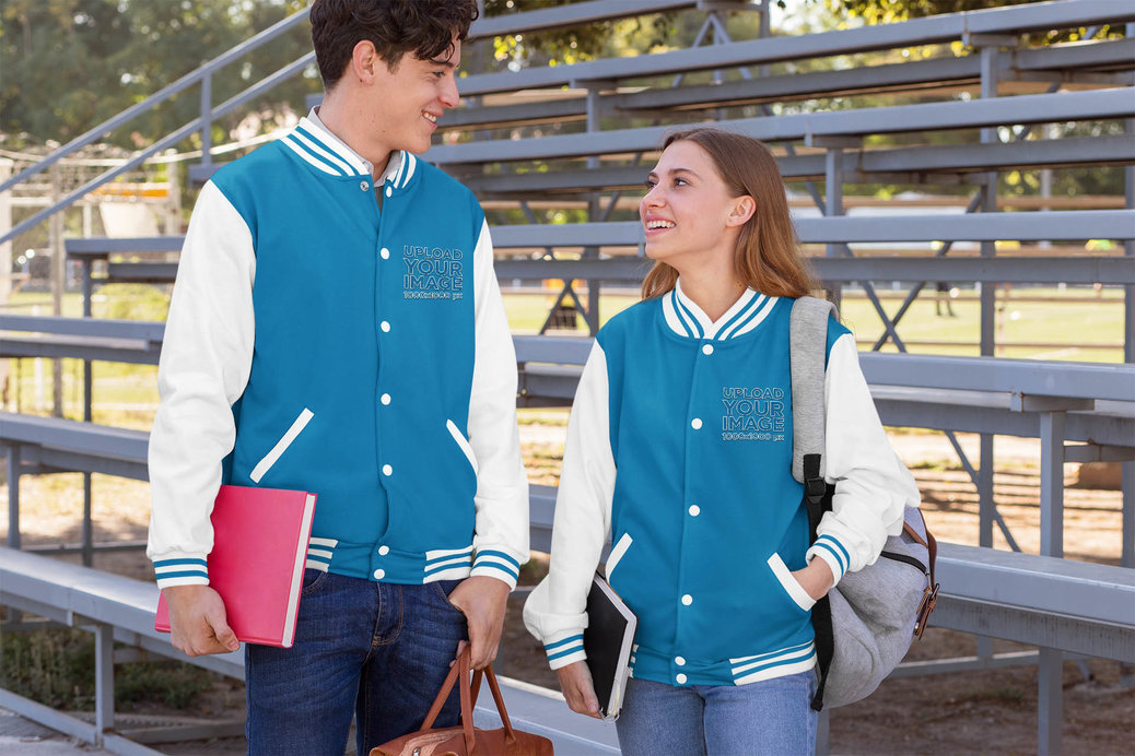 Placeit - Varsity Jacket Mockup Featuring Two Friends Hanging Out