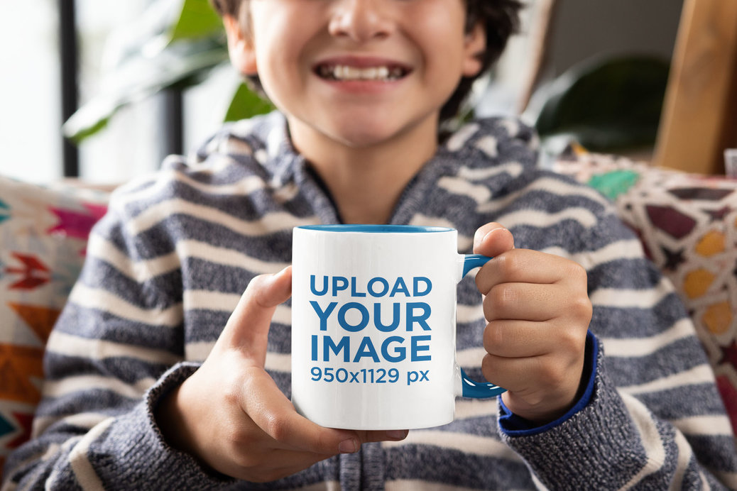 Placeit - Mockup Featuring a Happy Boy Holding an 11 oz Colored Rim Mug
