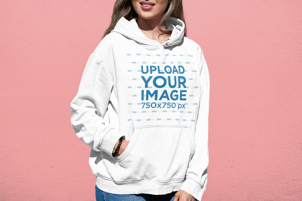 Placeit - Pullover Hoodie Mockup of a Smiling Woman at a Studio