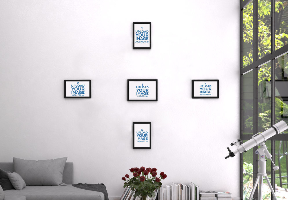 Placeit - Mockup Featuring Five Small Art Prints Hanging by a Big Window