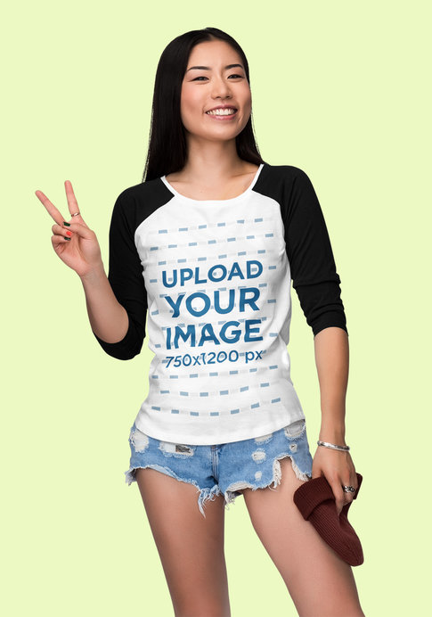 Placeit - Mockup of a Happy Woman Wearing a Raglan 3/4 Sleeve Tee at a ...