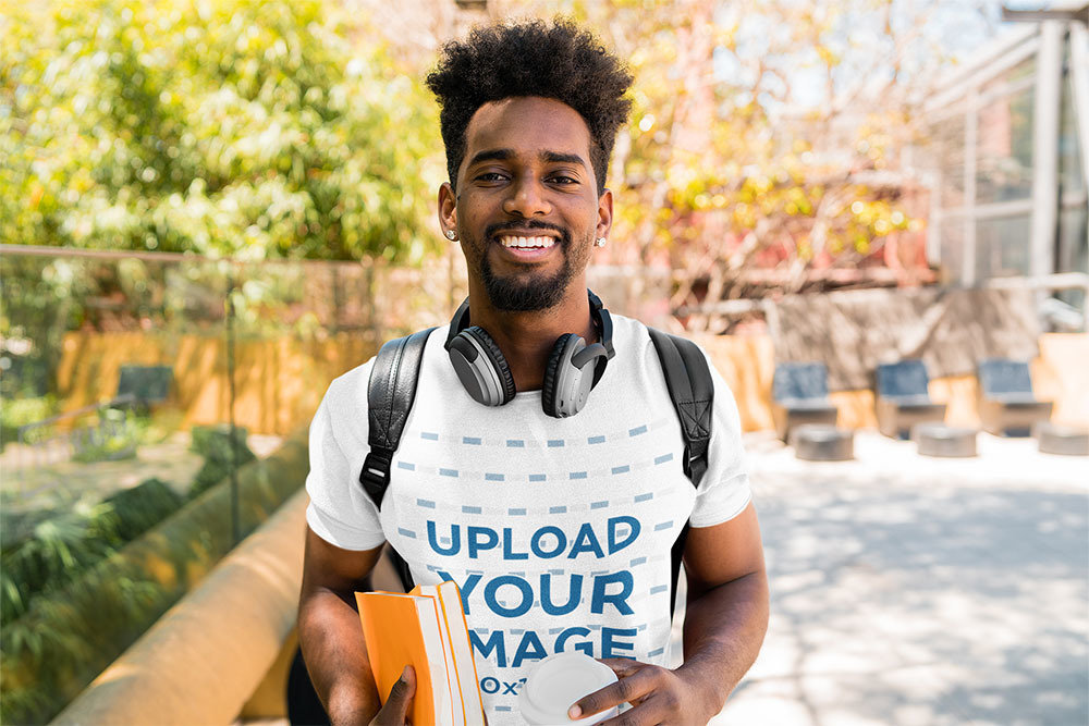 Placeit - Mockup of a College Student Wearing a Heathered T-Shirt