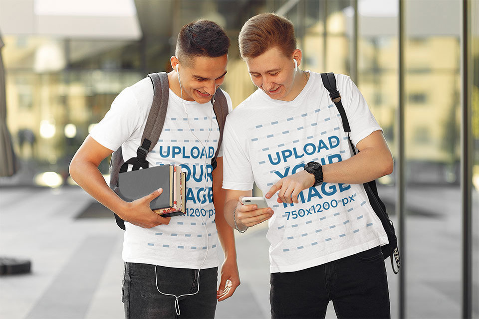 Placeit - T-Shirt Mockup Featuring Two Students at Campus