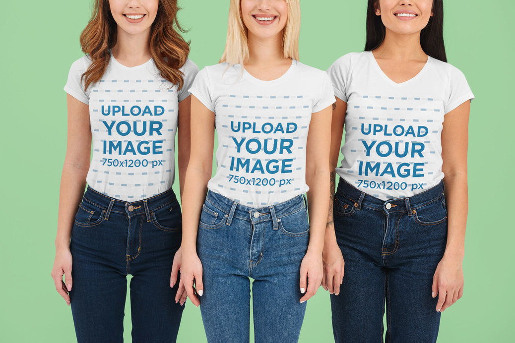 Placeit - Multiple T-Shirt Mockup Featuring Three Women at a Studio