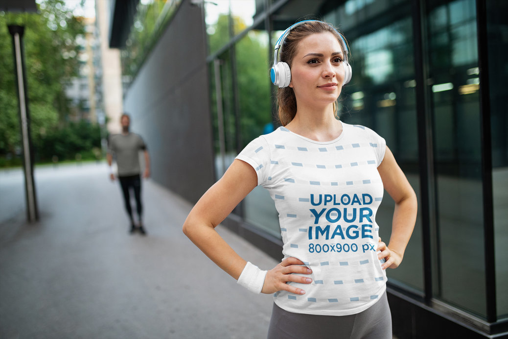 Placeit - Mockup of a Female Runner Wearing a Sublimated T-Shirt
