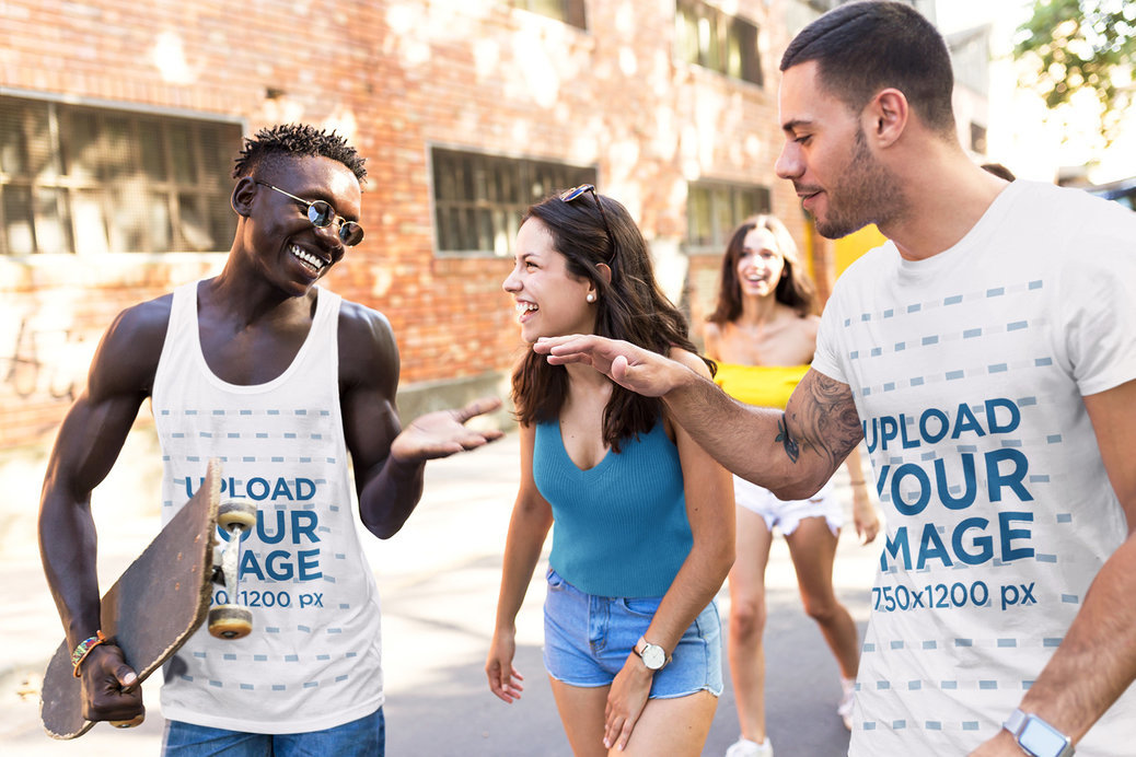 Placeit - Tank Top and T-Shirt Mockup of a Group of Friends Hanging Out
