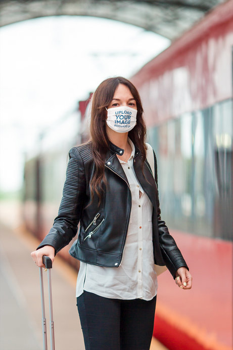 Placeit - Face Mask Mockup of a Woman About to Board a Train