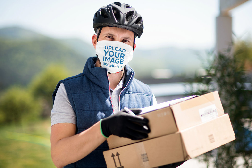 Placeit - Mockup of a Delivery Guy Wearing a Sublimated Face Mask