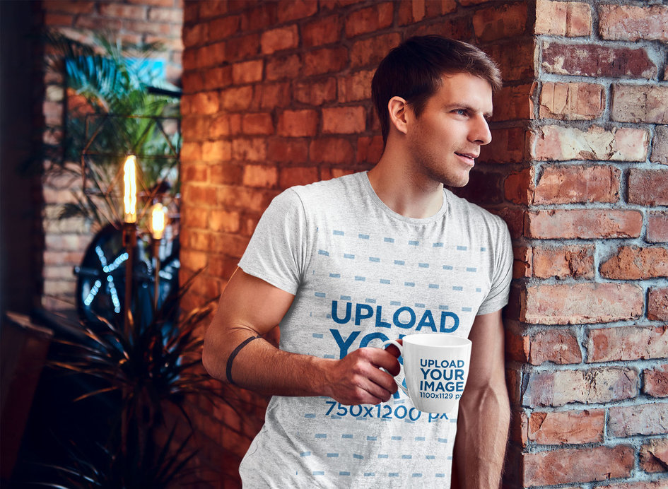 Placeit - T-Shirt Mockup of a Muscular Man Holding a Coffee Mug