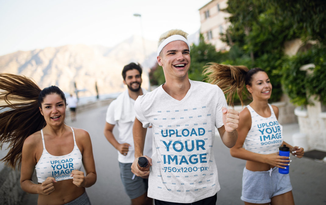Placeit - Mockup of a Group of Friends Running While Wearing T-Shirts ...