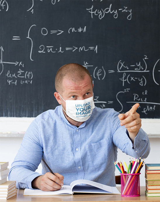 Placeit - Face Mask Mockup of a Math Teacher Giving a Lecture