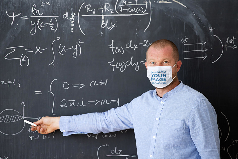 Placeit - Face Mask Mockup Featuring a Math Teacher in a Classroom