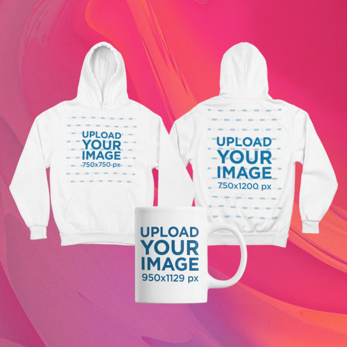 Placeit - Merch Bundle Mockup Featuring Two Hoodies and an 11 oz Mug