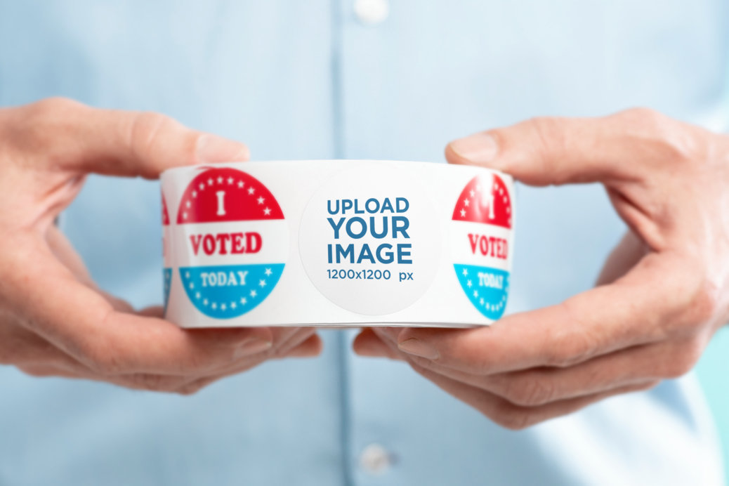 Placeit - Voting-Themed Mockup of a Man Holding a Roll of Stickers