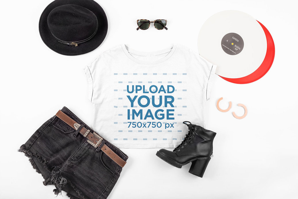 Placeit - Outfit Mockup Featuring a Flat Laid Crop Top Tee