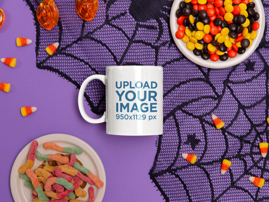 Placeit - 11 oz Mug Mockup Featuring Halloween Candies