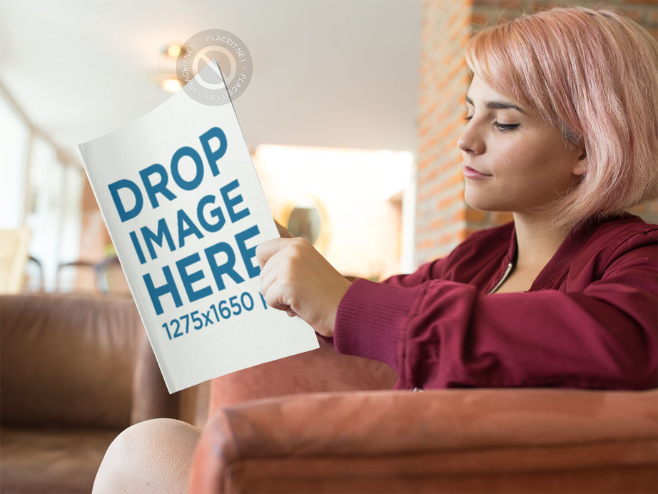 Placeit - Young Pretty Woman With Short Pink Hair Reading a Magazine ...