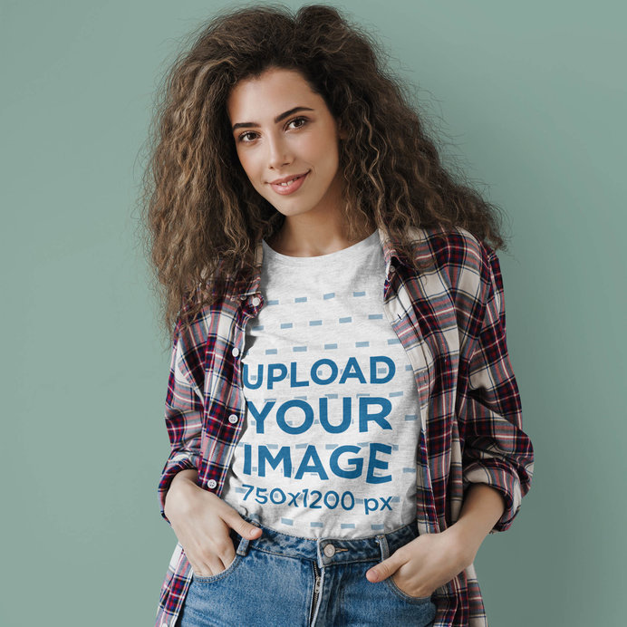 Placeit - Mockup of a Curly-Haired Woman Wearing a T-Shirt Under a Flannel