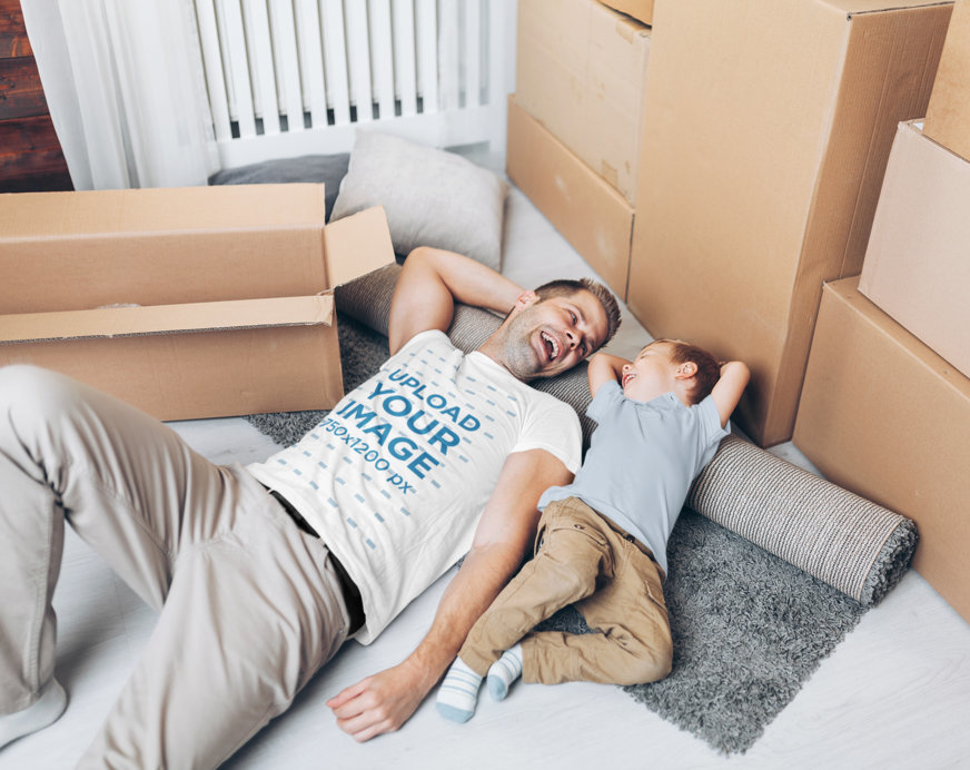 Placeit - T-Shirt Mockup of a Dad Chilling with His Son