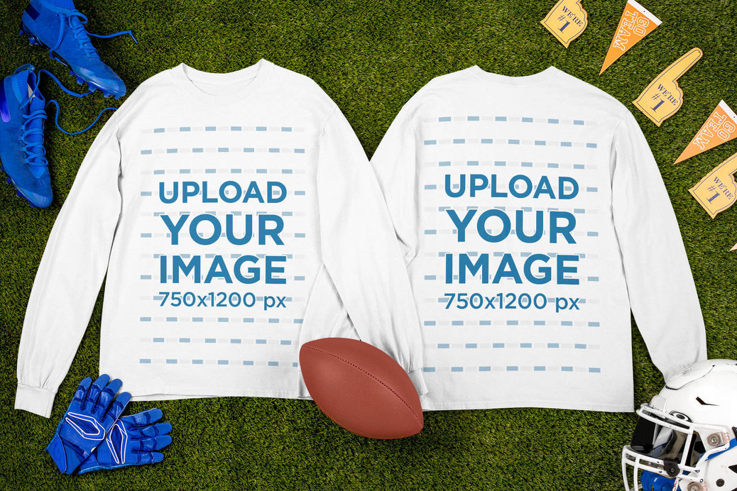 Placeit - Mockup of Two Long Sleeve T-Shirts Placed by Football Garments