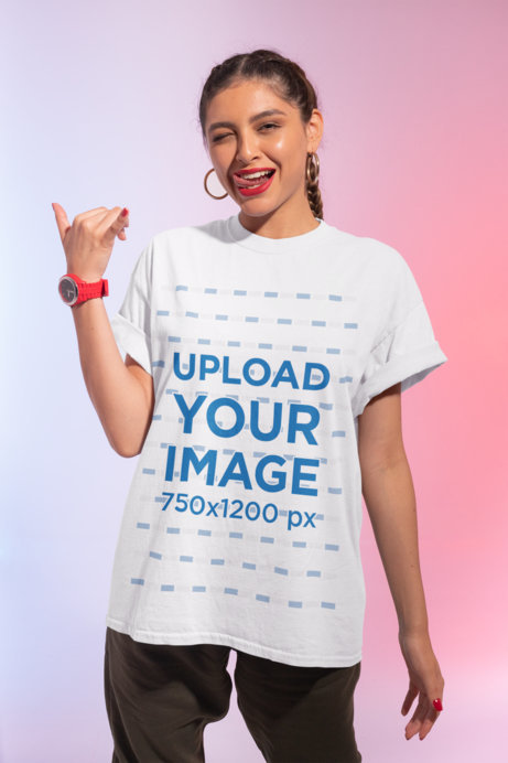 Placeit - T-Shirt Mockup of a Woman Doing a Surf Hand Sign