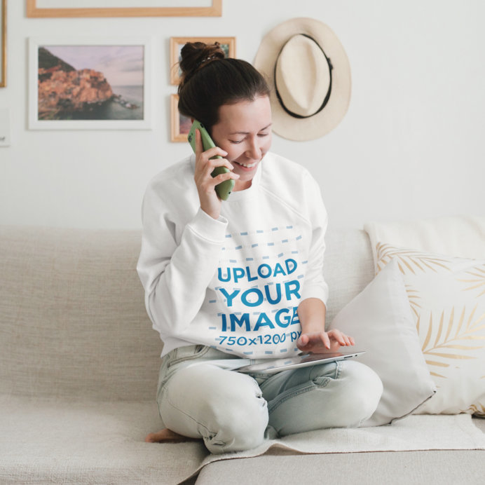 Placeit - Sweatshirt Mockup of a Woman Talking on the Phone at Home