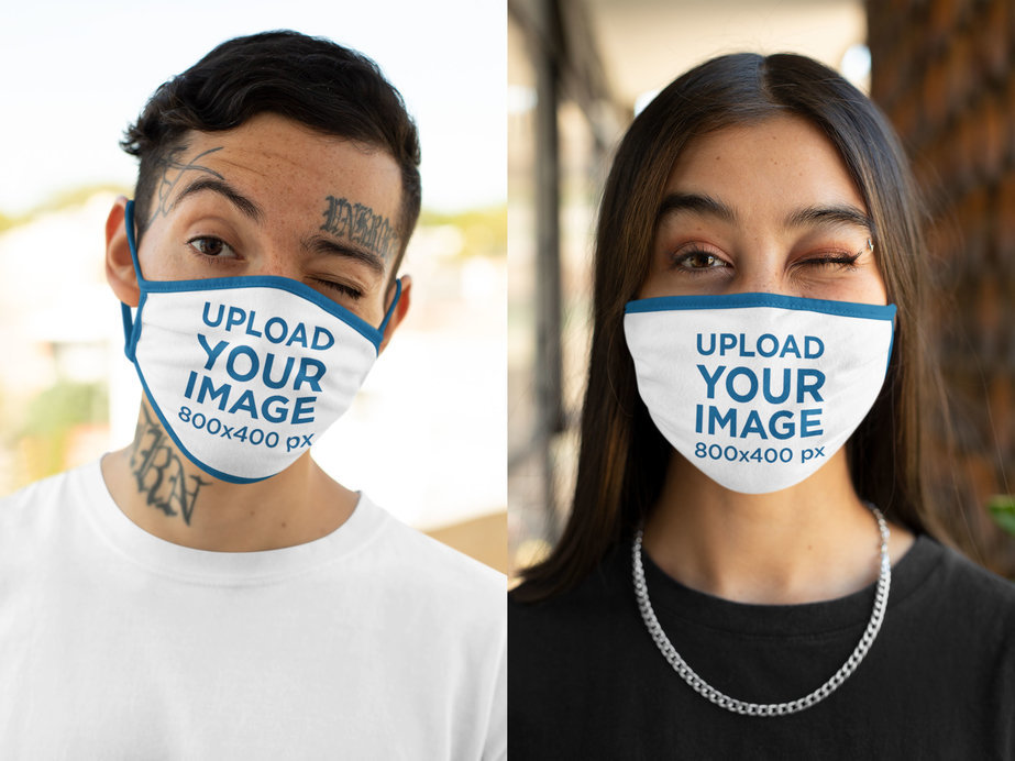 Placeit - Face Mask Mockup of Two Young Persons Doing Funny Faces