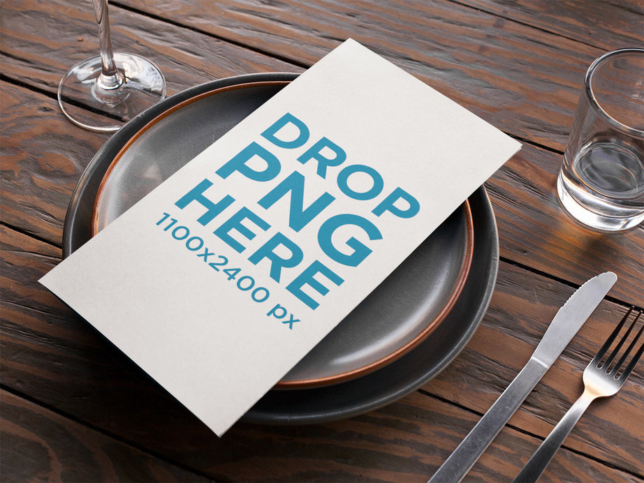 Placeit - Menu Template Lying on Top of Black Plates on a Wooden Table ...