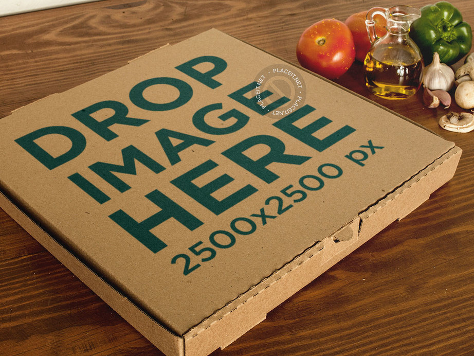 Placeit - Pizza Box Template Near Ingredients on a Wooden Surface