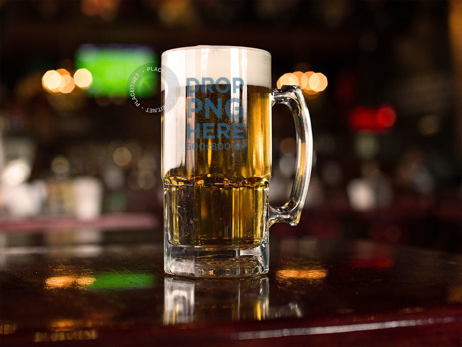 Placeit - Beer Mug Template on a Bar With Lights in the Back