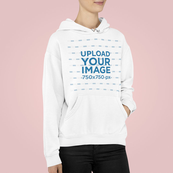 Placeit - Pullover Hoodie Mockup Featuring a Woman Inside a Studio
