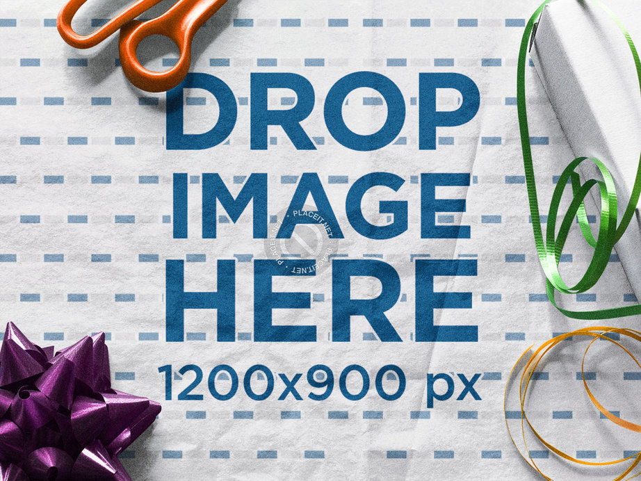 Placeit - Wrapping Paper Mockup with Scissors and Gift Items Above