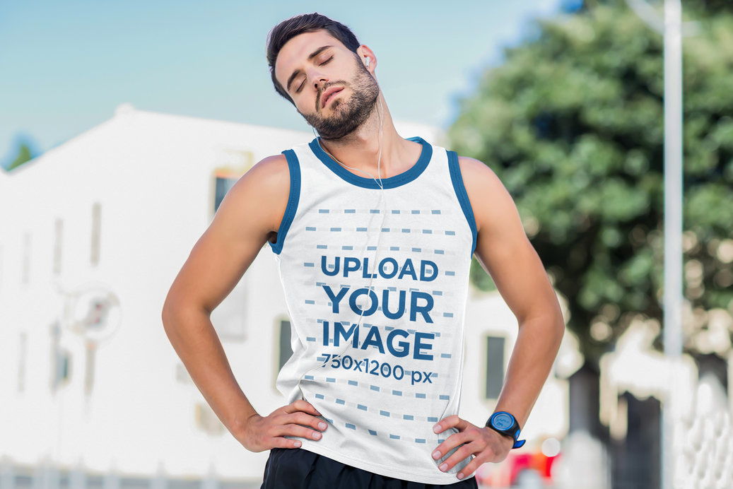 Placeit - Ringer Tank Top Mockup of a Fit Man Warming Up