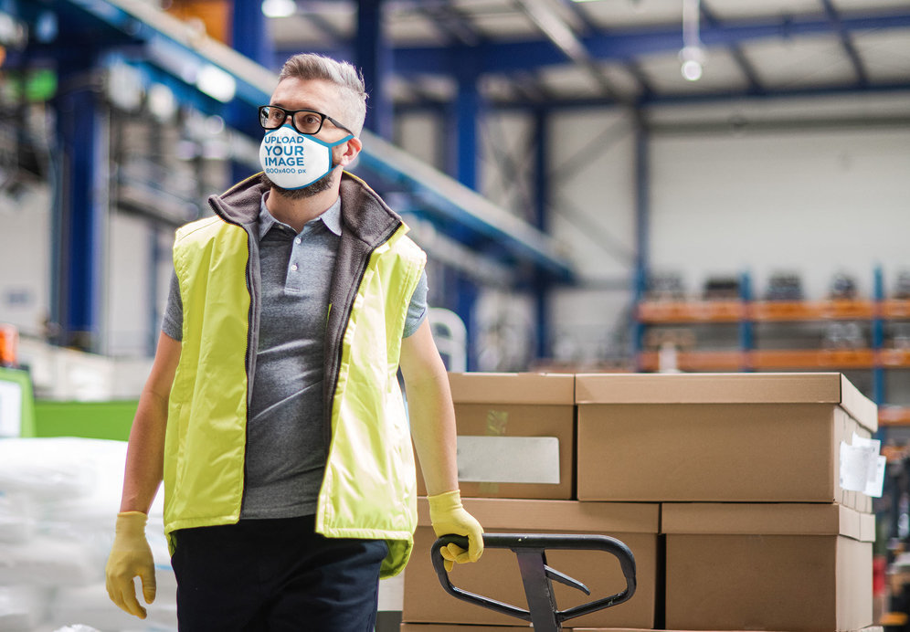 Placeit - Mockup Featuring a Warehouse Worker Wearing a Face Mask